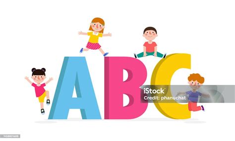 Abc 문자를 가진 만화 어린이 Abc를 가진 학교 아이들 흰색 배경에 격리된 Abc 문자를 가진 아이 벡터 일러스트레이션