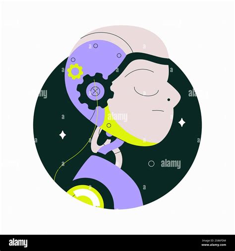 Robot With Closed Eyes And Gears In Flat Vector Illustration Symbolizing Artificial Intelligence