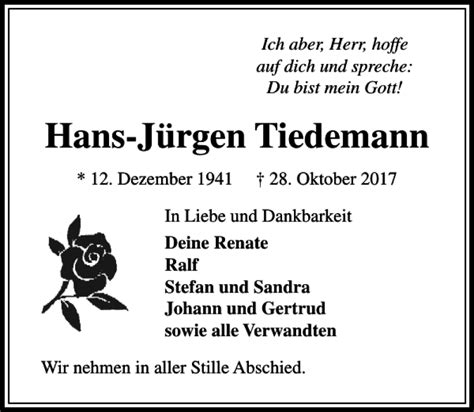 Traueranzeigen von Hans Jürgen Tiedemann trauer anzeigen de