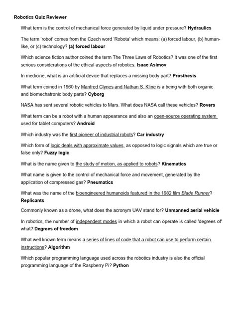Robotics Quiz Reviewer Pdf Robot Robotics