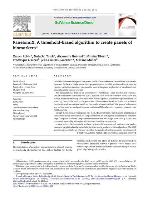 PDF PanelomiX A Threshold Based Algorithm To Create Panels Of Biomarkers