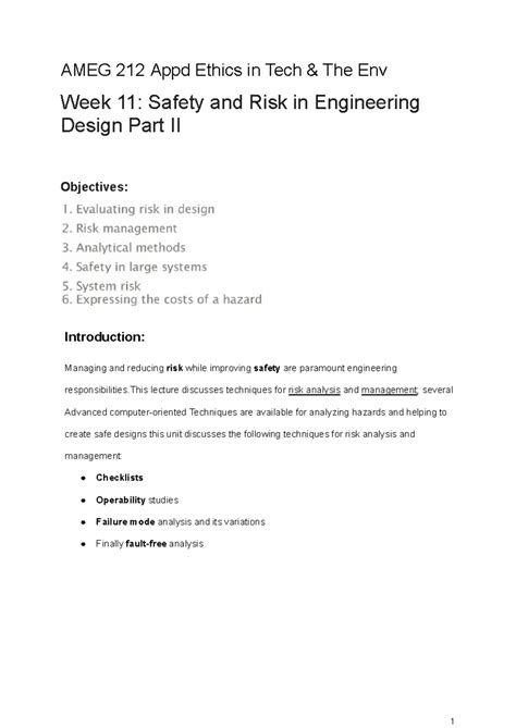Week 11 Lecture Saftey And Risk In Engineering Design Part Ii Ameg