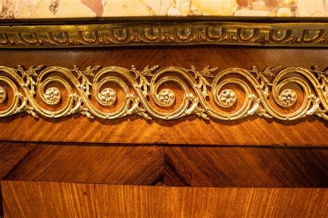 French Louis Xvi Style Marquetry Inlaid Bronze Mounted Marble Top Commode