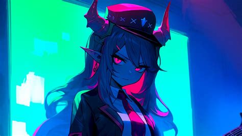Wallpaper Girl Demon Horns Guitar Anime Art Hd Picture Image