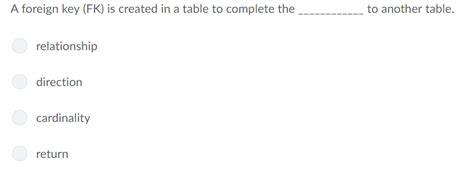 Solved A Foreign Key Fk Is Created In A Table To Complete