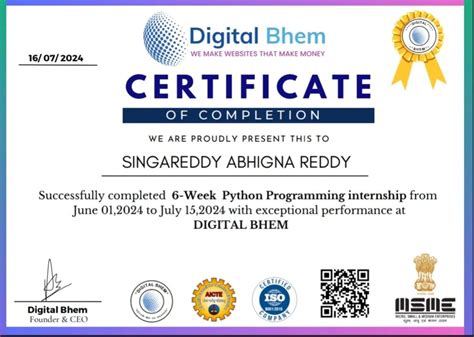 Completed Python Programming Internship With Digital Bhem Abhigna Reddy Posted On The Topic