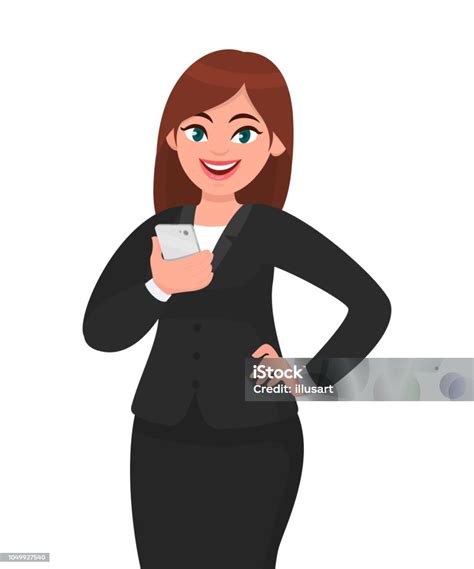 행복 한 사업가 스마트폰 들고 고 엉덩이에 손 포즈 휴대 전화 기술 벡터 만화 스타일에서 모바일 애플 리 케이 션 개념 그림 감정에 대한 스톡 벡터 아트 및 기타 이미지