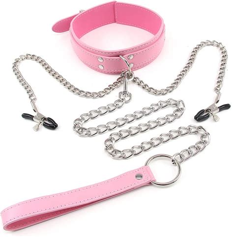 Women Pink Leather Sex Collar With Nipple Clamps Bdsm