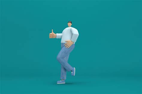 청바지와 긴 셔츠를 입은 만화 캐릭터 그는 말할 때 몸과 손의 표현입니다 연기의 3d 렌더링 3차원 형태에 대한 스톡 사진 및