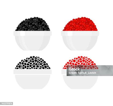 접시 세트에 빨간색과 검은 색 캐비어입니다 생선 진미 벡터 그림 건강한 식생활에 대한 스톡 벡터 아트 및 기타 이미지 건강한
