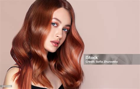 붉은 색의 음영으로 염색 된 긴 웨이브 잘 손질 된 머리를 가진 젊고 빨간 머리의 아름다운 모델 헤어 케어 및 미용 예술 20 24세에 대한 스톡 사진 및 기타 이미지