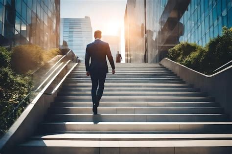 Premium Ai Image Businessman Walking Up Stairs In A City