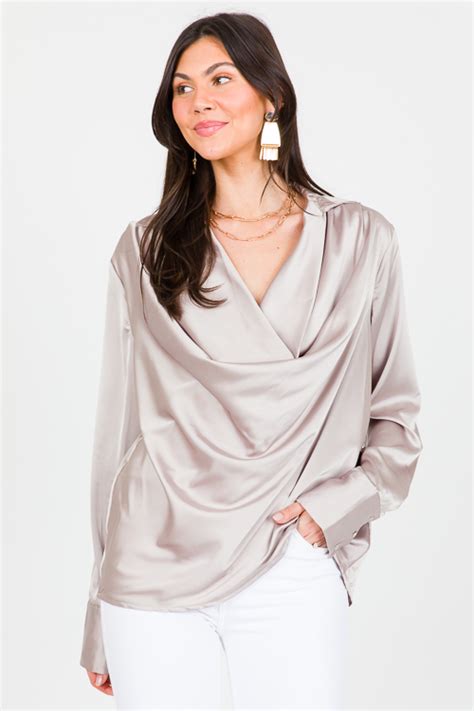 Satin Cowl Neck Blouse Silver Sale The Blue Door Boutique