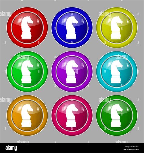 Chess Knight Icon Sign Symbol On Nine Round Colourful Buttons Vector