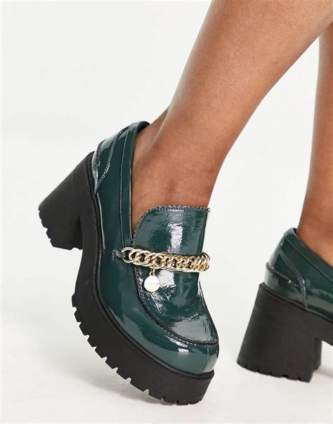 Asos Design Wide Fit Spicy Chunky Mid Heel Loafers With Chain In Dark