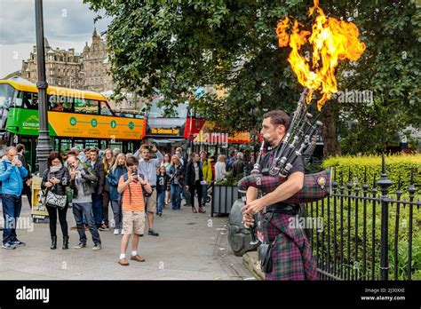 Bagpiper Bagpipes Spitting Fire Fringe Festival Edinburgh Scotland