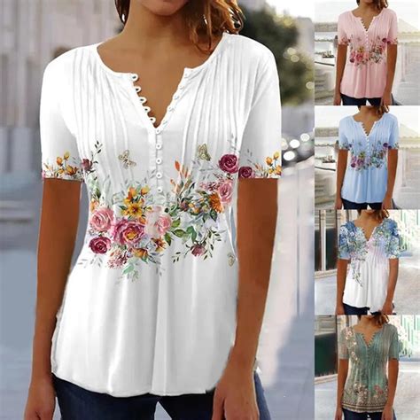 Tops For Women Summer Floral Printed Blouses Elegant Button V Necks