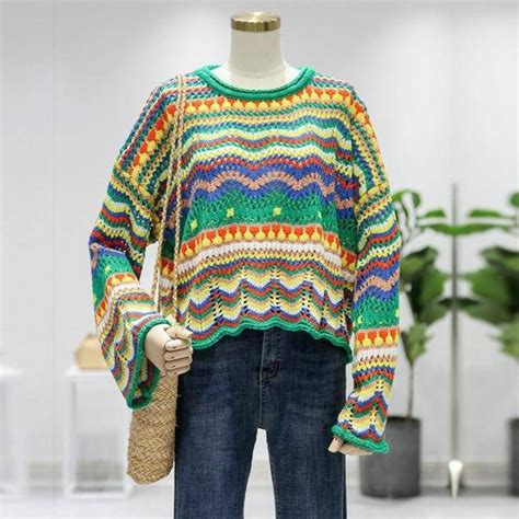 Autumn Colorful O Neck Knit 80s Sweater Gemini By Guy Hollow Sweater
