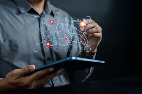 Businessman Using Laptop To Searching World Map With Location Point