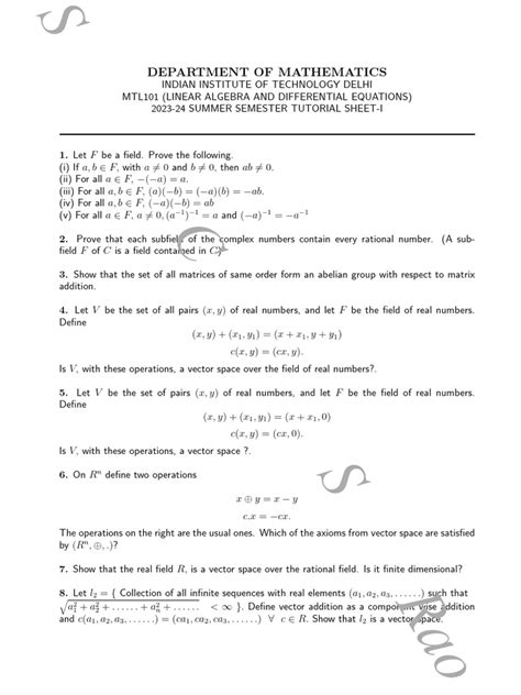 Mtl101 Tutorial Sheet 1 Pdf Field Mathematics Vector Space
