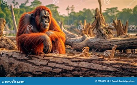 Orangutan Sits On Tree Trunk Devastating Impact Of Deforestation