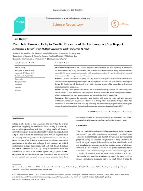 Pdf Complete Thoracic Ectopia Cordis Dilemma Of The Outcome A Case Report