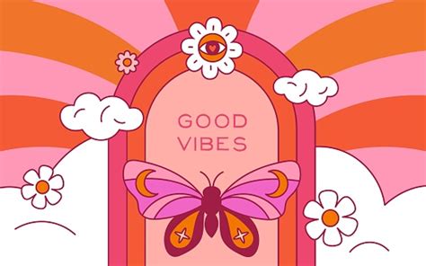 사이키델릭 히피 카드 좋은 분위기 초현실적 인 무지개 가로 배너 추상적인 그루비 개체 산성 신비한 여행 구성 꽃과 나비 구름 게이트 화려한 벡터 포스터 1960 1969