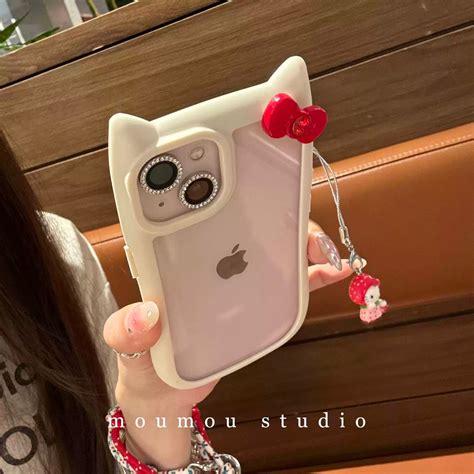 부분빠른발송💓화이트고양이💓입체 귀케이스 딸기고양이 키링 범퍼케이스 아이폰케이스 유니크 특이한 15프로맥스 14프로맥스 13프로맥스 12프로맥스 귀여운 키치 감성 레트로 에이블리