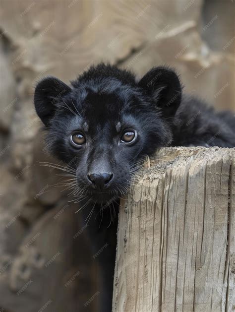 Adorable Black Fossa Cub Peeking Over Wooden Fence Premium Ai