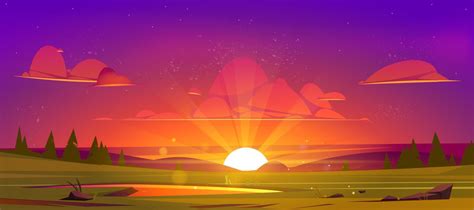Dibujos Animados Naturaleza Paisaje Hermosa Puesta De Sol En El Campo
