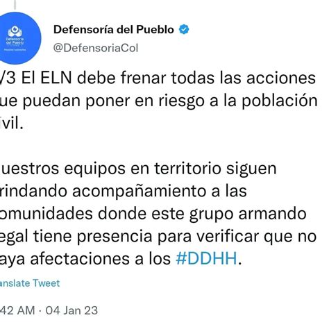 Que el ELN mantenga el cese al fuego unilateral pidó la Defensoría del Pueblo Infobae