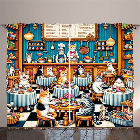 Ambesonne Cat Curtains 2 Panel Set Whimsical Restaurant Pixel Art 108