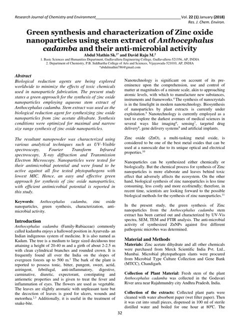 Pdf Green Synthesis And Characterization Of Zinc Oxide Nanoparticles Using Stem Extract Of