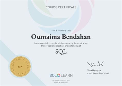 Oumaima Bendahan On Linkedin Sql Learning Certificate From Sololearning