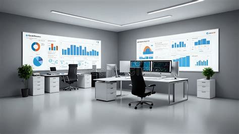Modern Office Interior Design With Large Monitors And Data Analysis
