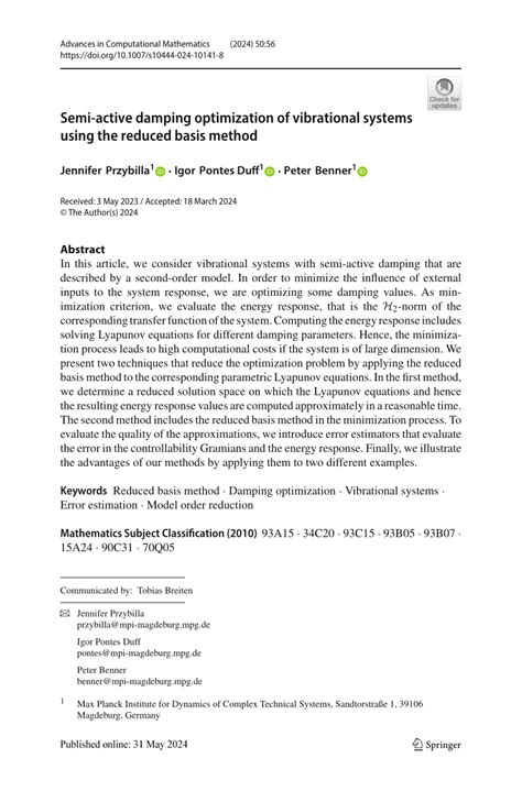 Pdf Semi Active Damping Optimization Of Vibrational Systems Using The