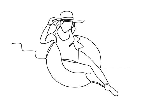 Premium Vector A Woman Swims With A Flotation Device Beach Oneline Drawing