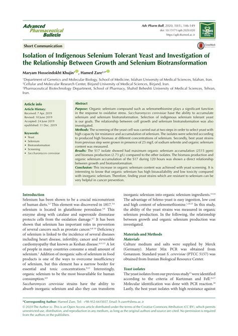 Pdf Isolation Of Indigenous Selenium Tolerant Yeast And Investigation