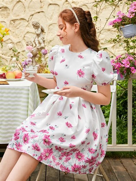 SHEIN Teen Girls Floral Print Puff Sleeve Fold Pleated Detail Dress