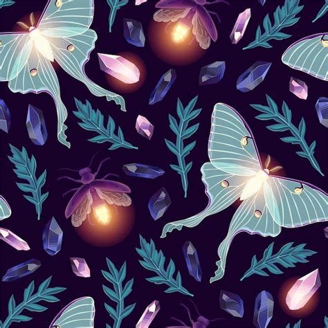 Premium Vector Moon Moth With Crystals Vector Seamles Pattern
