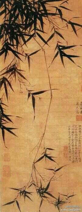 明 王绂淇渭图 此图写倒挂竹一枝姿态秀妍颇有临风弄月的风致其墨竹画法继承文同柯九思和倪瓒等传统着重表达萧散清逸的意韵淡墨写