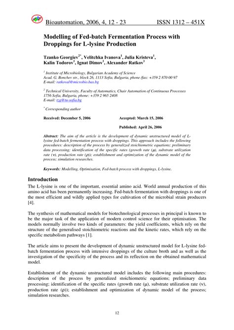 Pdf Modelling Of Fed Batch Fermentation Process With Droppings For L Lysine Production