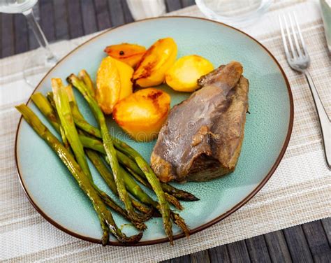 Grilled Veal Served With Potato And Asparagus Stock Image Image Of