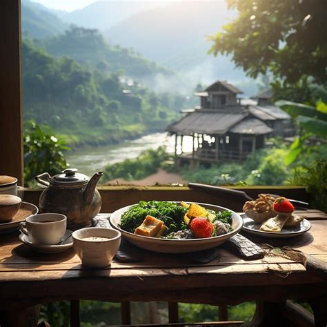 Premium Ai Image Hearty Rustic Breakfast On Wooden Table