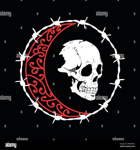 T Shirt Design Of A Skull Surrounded By Barbed Wire And A Red Crescent