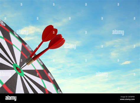 Dart Board With Arrows Against Blue Sky Closeup Concepts Of Targeting
