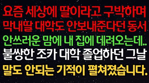 감동사연 요즘 세상에 딸이라고 구박하며막내딸 대학도 안보내준다던 동서안쓰러운 맘에 내 집에 데려오는데불쌍한 조카 대학 졸업하던 그날말도 안되는 기적이 펼쳐졌습니다