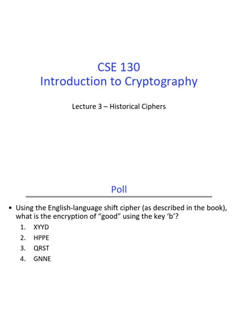 Cse 130 Lecture 03 Historical Ciphers Tentative Pdf Key Cryptography Encryption