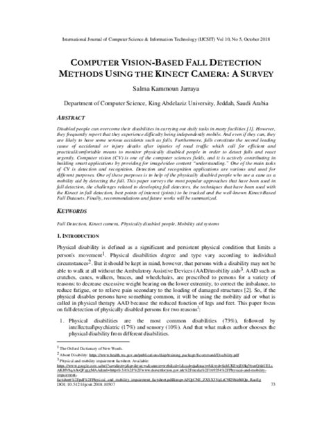 Pdf Computer Vision Based Fall Detection Methods Using The Kinect