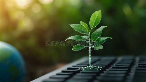 Digital Green Tree Growing On Keyboard Symbolizes Technology And Nature
